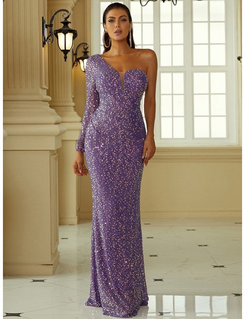 Rochie de seara lunga mov cu maneca asimetrica